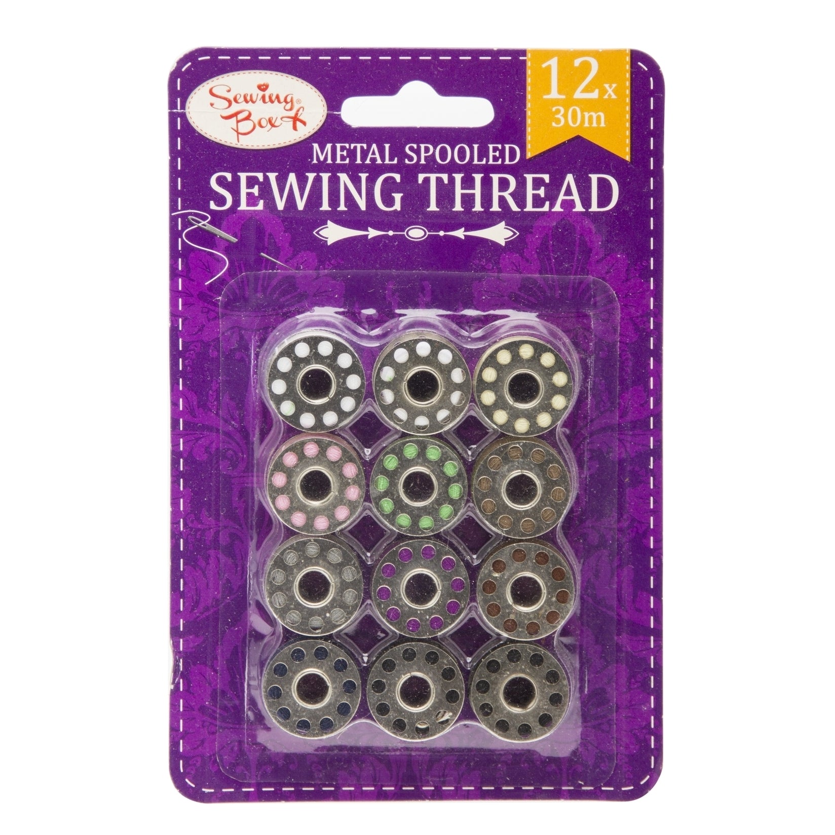 Pack of 12 Assorted Coloured Metal Spooled Sewing Threads by Sewing Bo ...