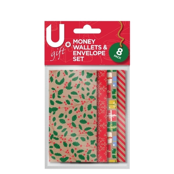 Pack of 8 Festive Kraft Designs Christmas Money Wallets and Envelope S ...