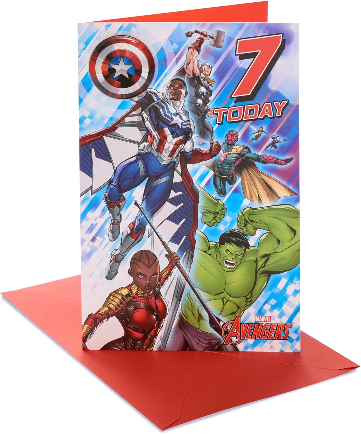 Marvel The Avengers Awesome Design 7th Kids Birthday Card with Badge f ...