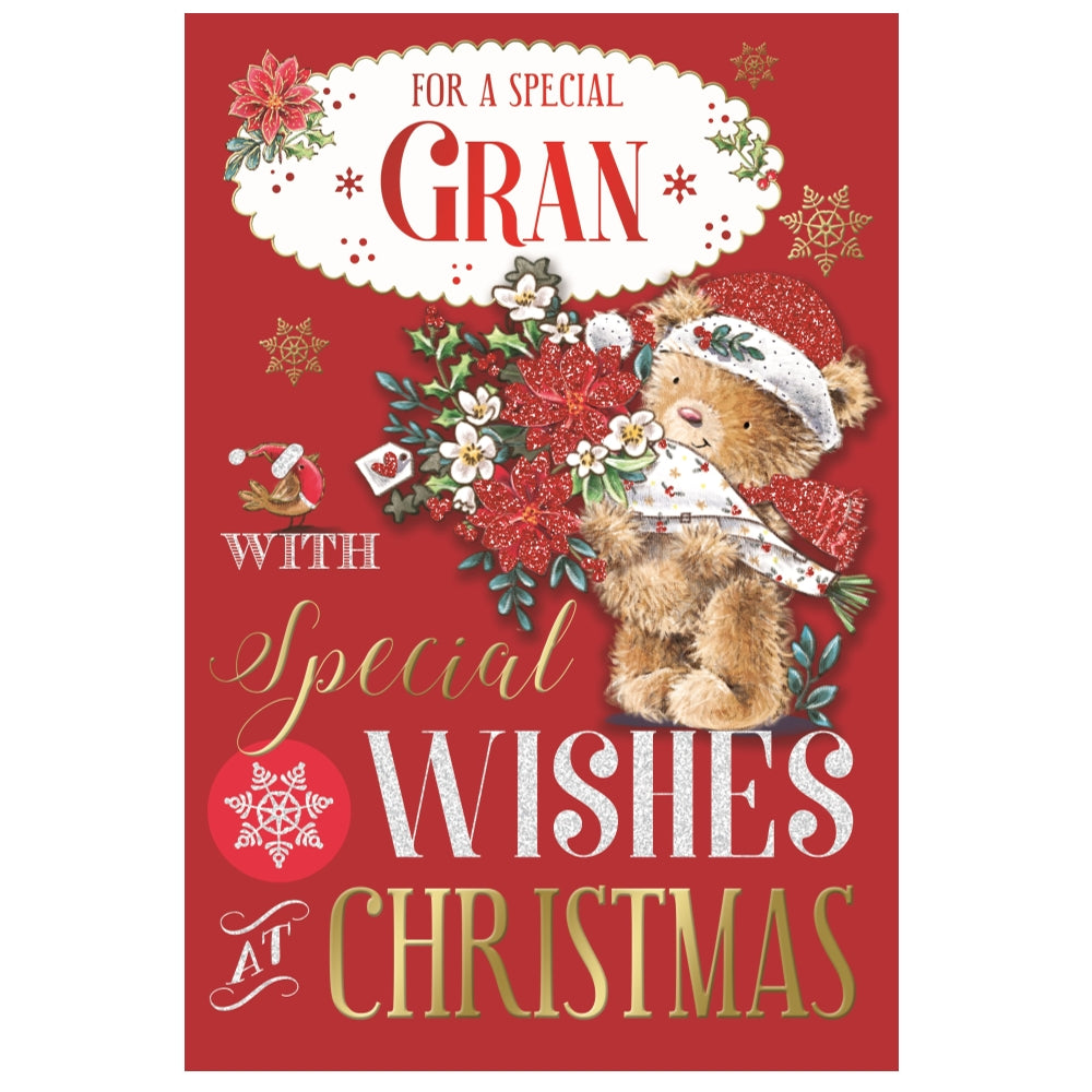 For a Special Gran Bear Carring Flower Bouquet Design Christmas Card ...