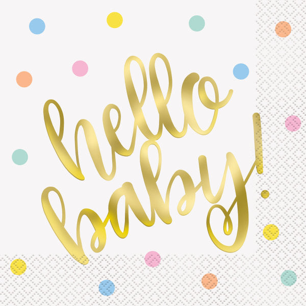 Pack of 16 "Hello Baby" Gold Baby Shower Luncheon Napkins– Shop Inc