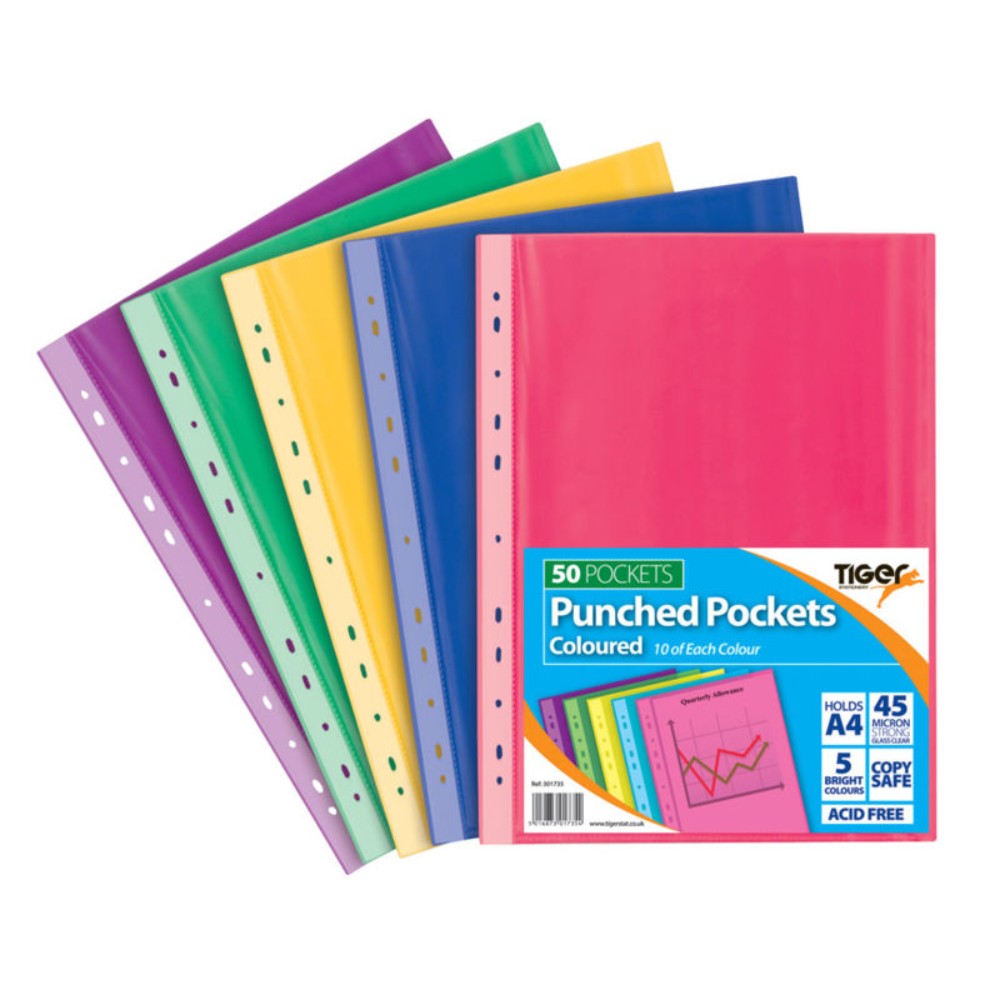 Pack of 50 A4 Assorted Coloured Punched Pockets– Shop Inc