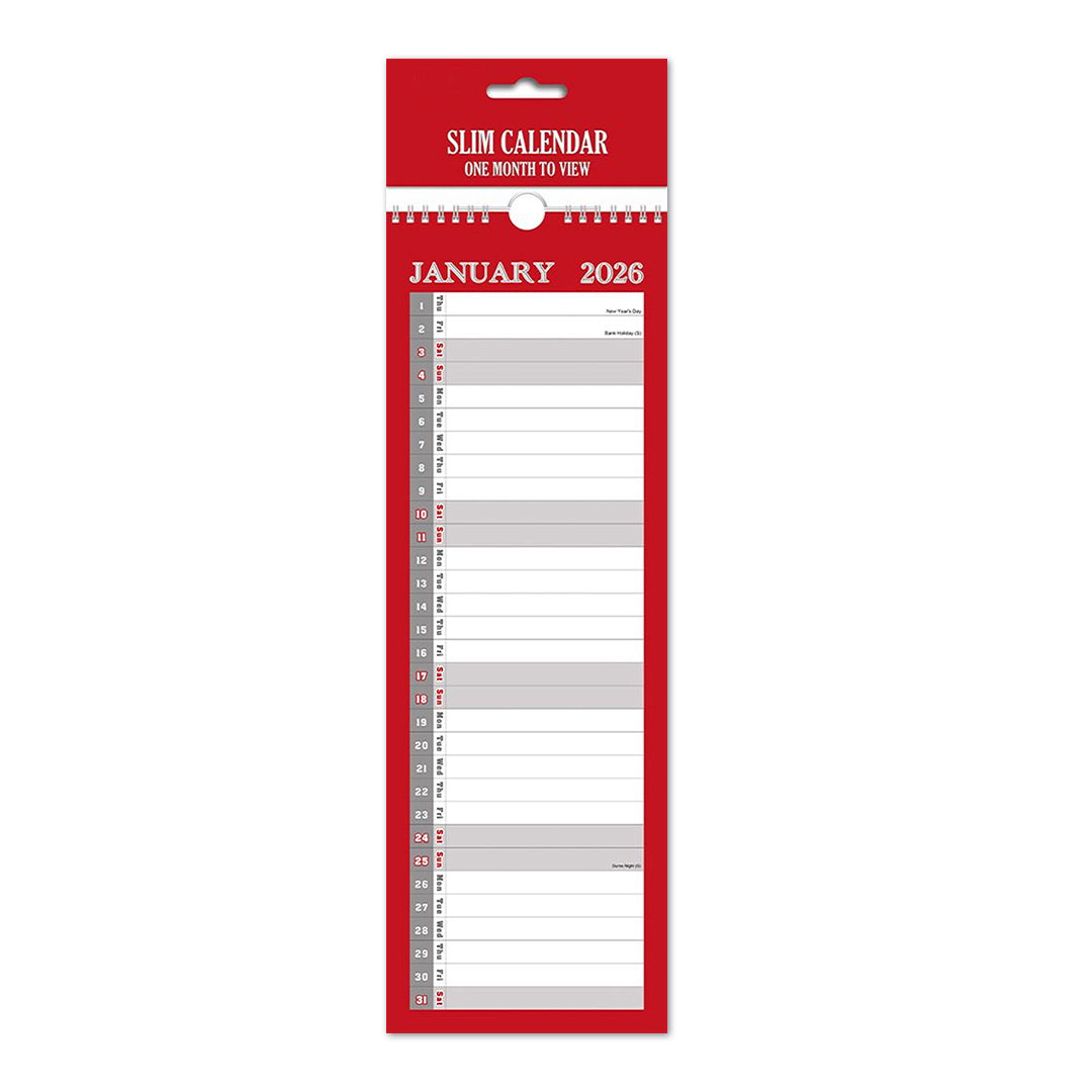 Slim Month To View Calendar 2026 – 143mm x 417mm– Shop Inc