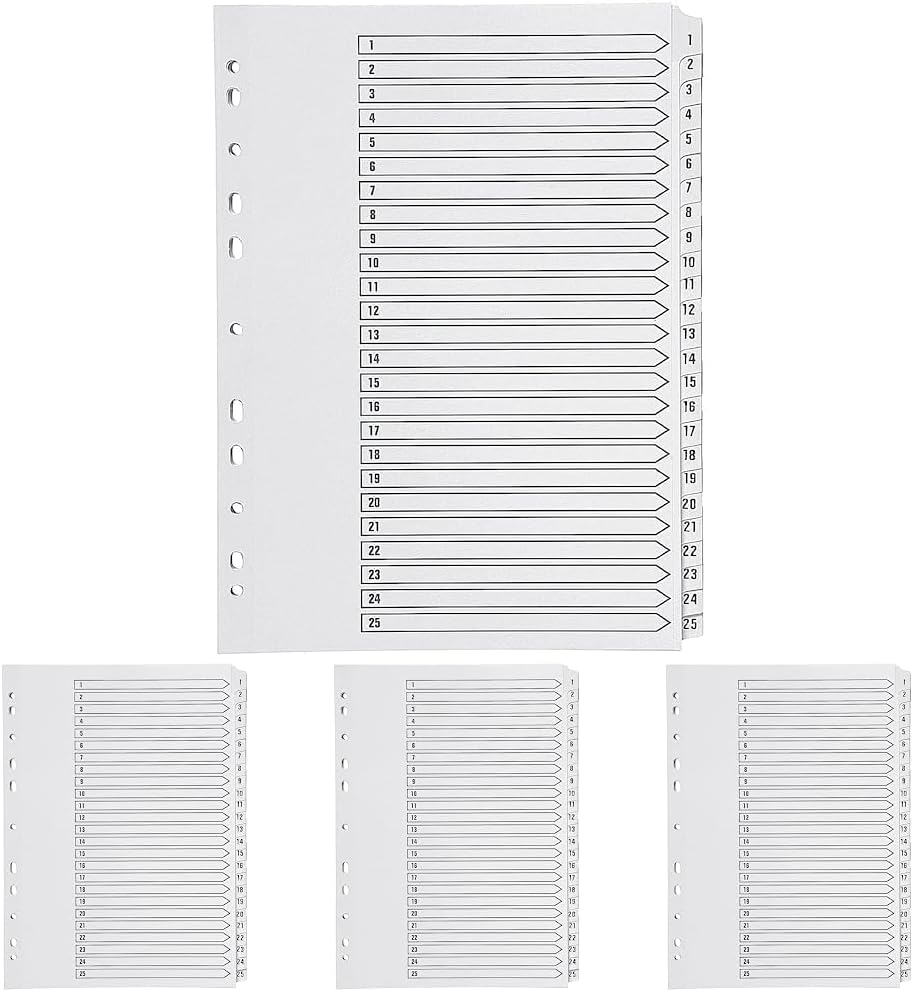Pack of 4 A4 White 1-25 Multi-Punched Reinforced Board Clear Tab Index ...