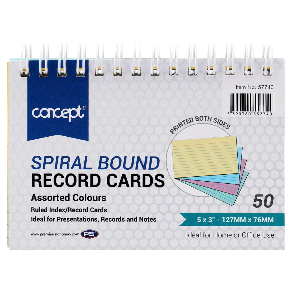 Pack of 50 5"x3" Spiral Ruled Coloured Index Cards by Concept– Shop Inc