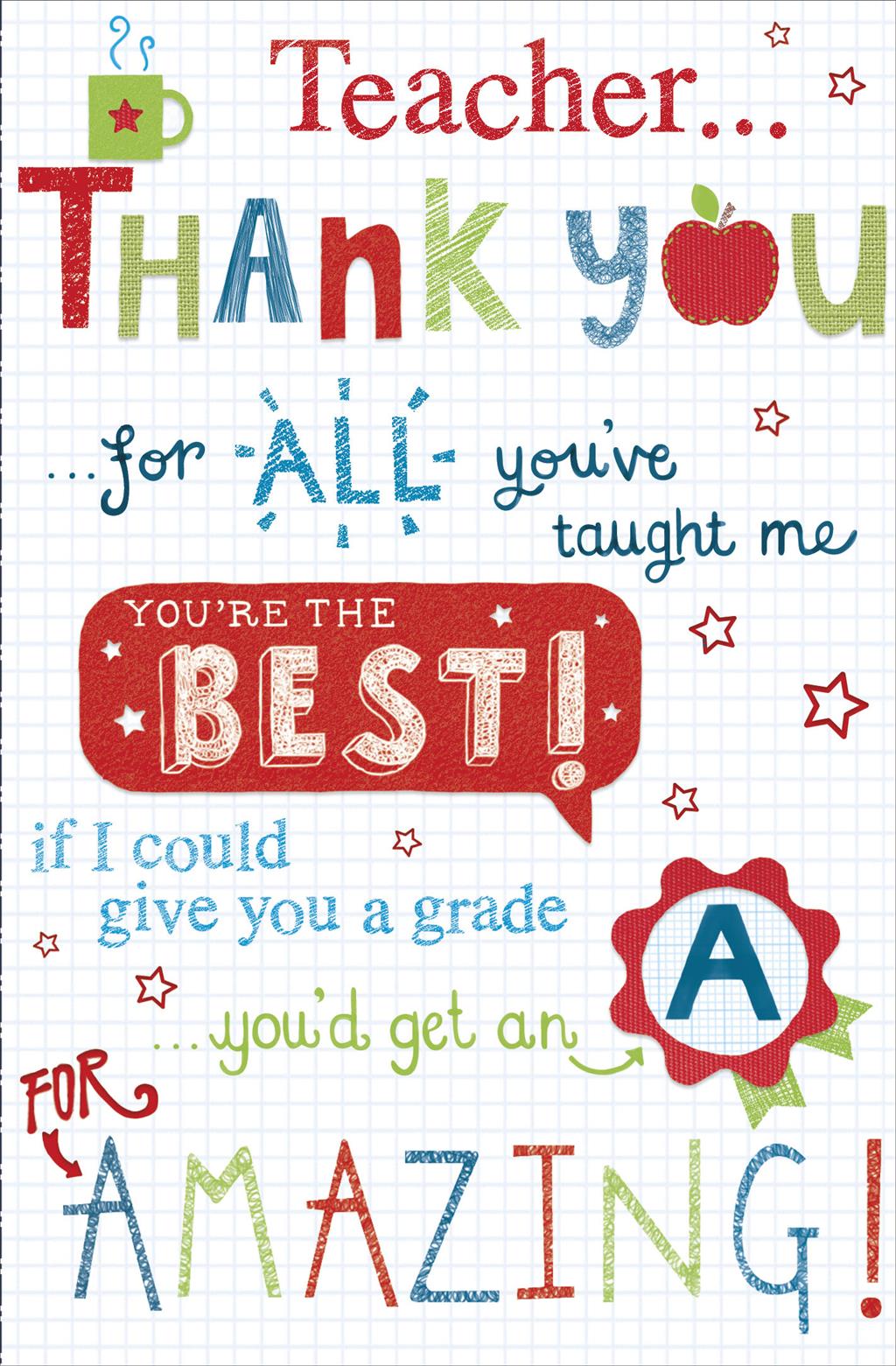 Thank You Teacher Greeting Card A Grade, You're The Best– Shop Inc
